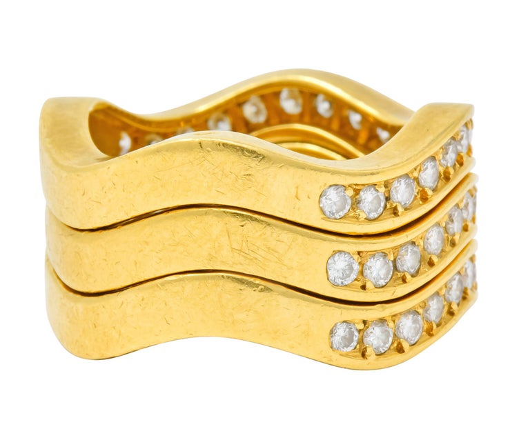 French Cartier 1.56 Carat Diamond 18 Karat Gold Wave Triple Band Stack ...