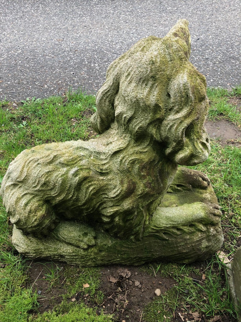 French Carved Limestone Curly-Coated Spaniel Dog Statue at 1stDibs