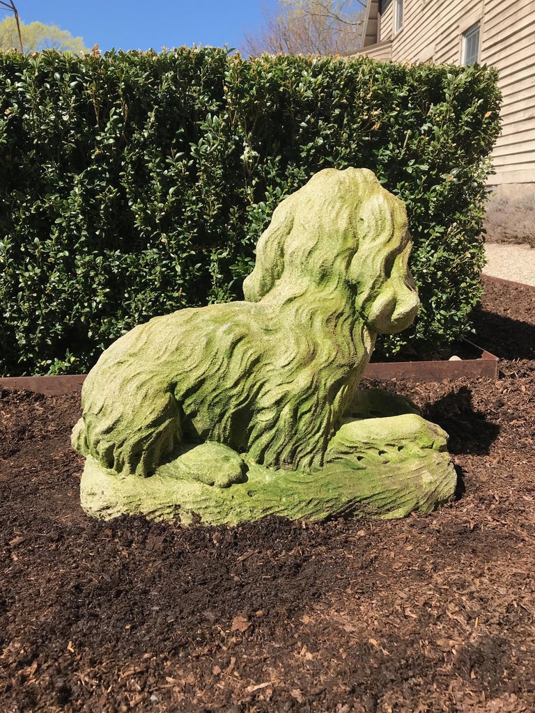 French Carved Limestone Curly-Coated Spaniel Dog Statue at 1stDibs