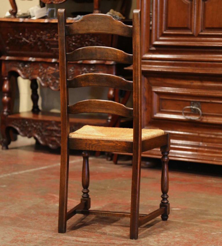 French Carved Oak Ladder Back Chairs with Rush Woven Seat, Set of Six ...