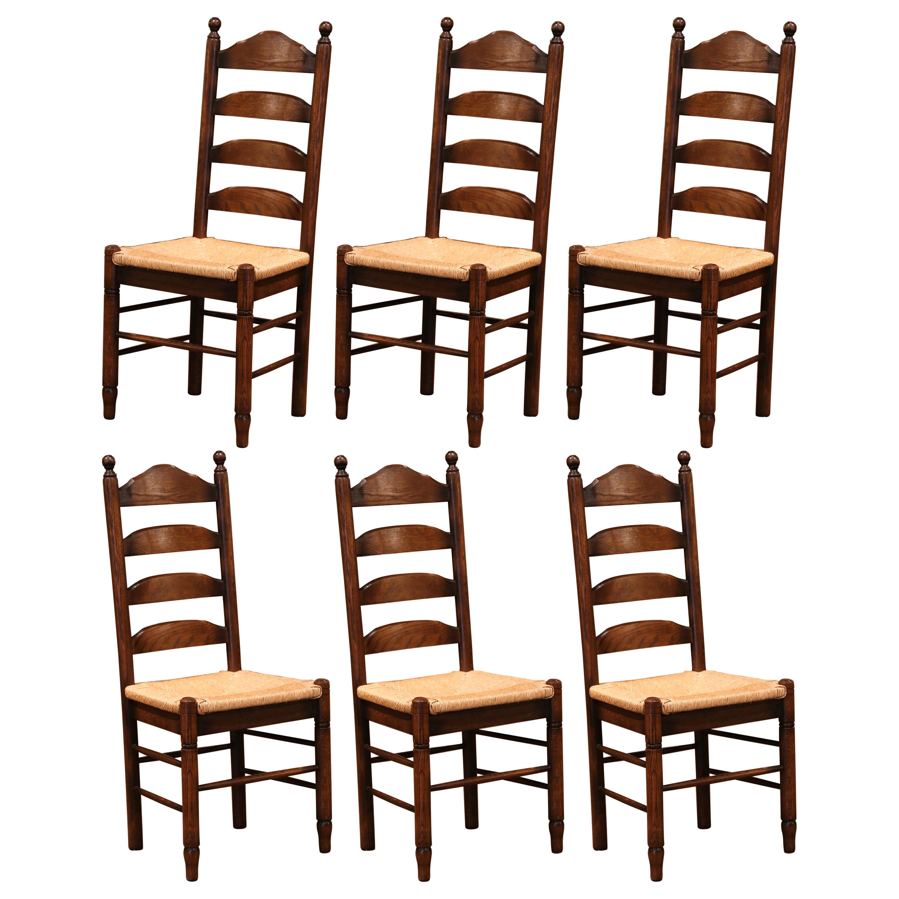 French Carved Oak Ladder Back Chairs with Rush Woven Seat, Set of Six ...