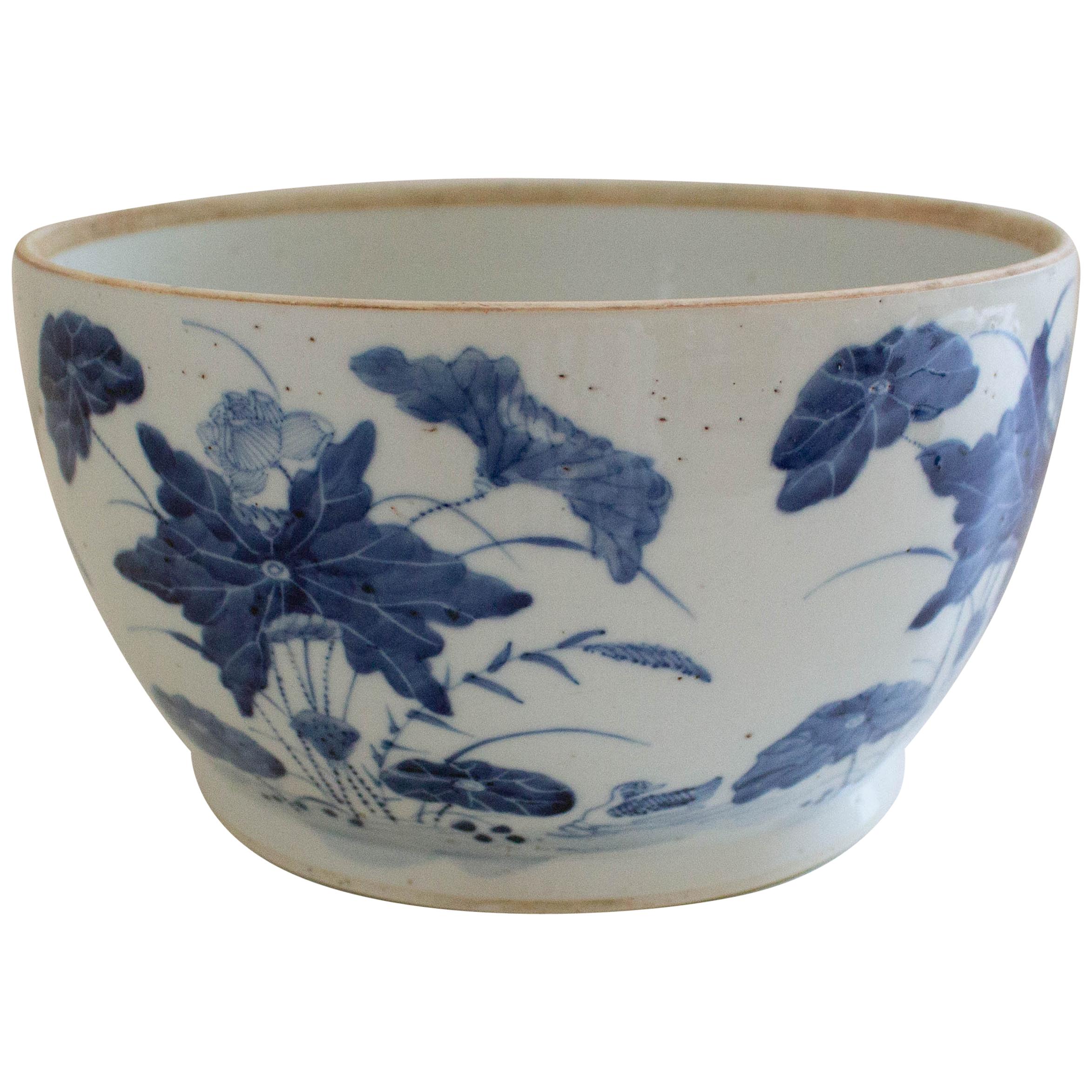 French Center Piece Earthenware Cachepot or Planter Blue White Flowers ...