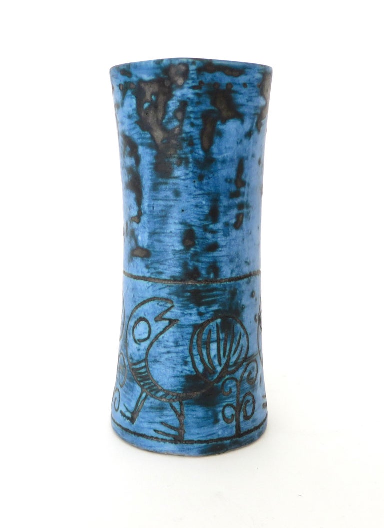 French Ceramic Artist Jacques Blin Dark Blue Sgraffito Ceramic Vase ...