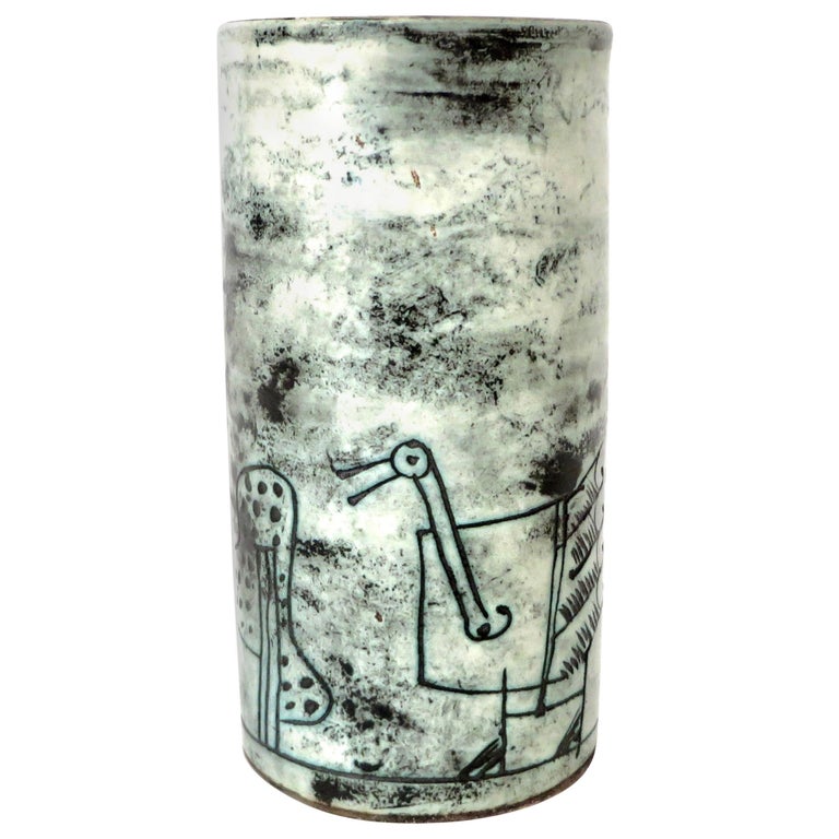 French Ceramic Artist Jacques Blin Light Blue Sgraffito Ceramic Vase at ...