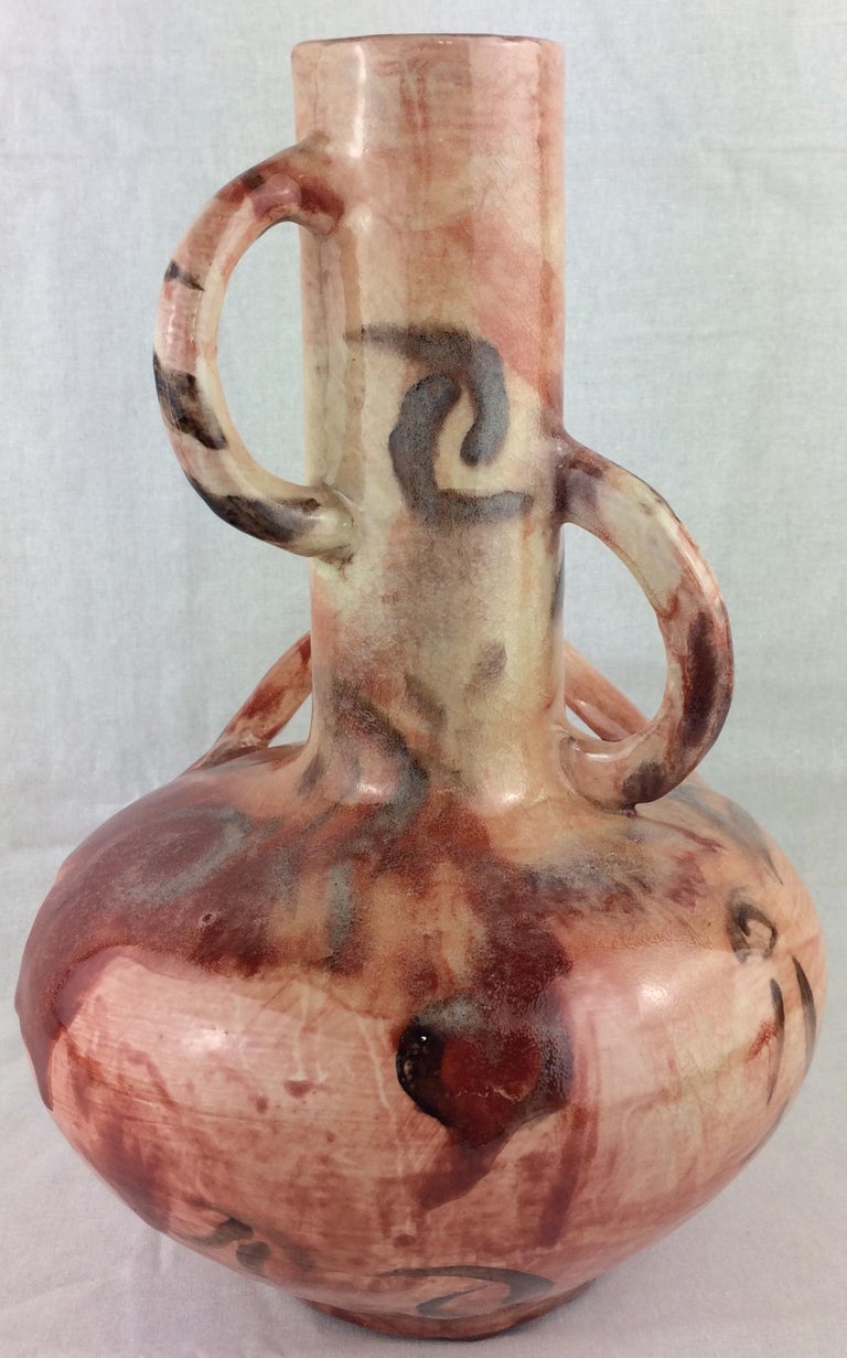French Ceramic Vase with 3 Handles, Signed For Sale at 1stDibs