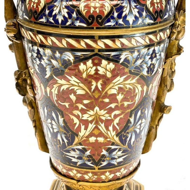 French Champleve Enamel Gilt Bronze Mounted Vase, Barbedienne Quality ...