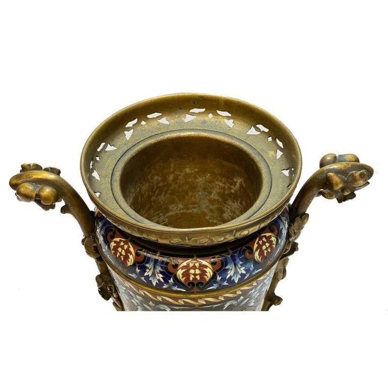 French Champleve Enamel Gilt Bronze Mounted Vase, Barbedienne Quality ...