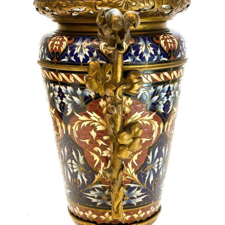 French Champleve Enamel Gilt Bronze Mounted Vase, Barbedienne Quality ...