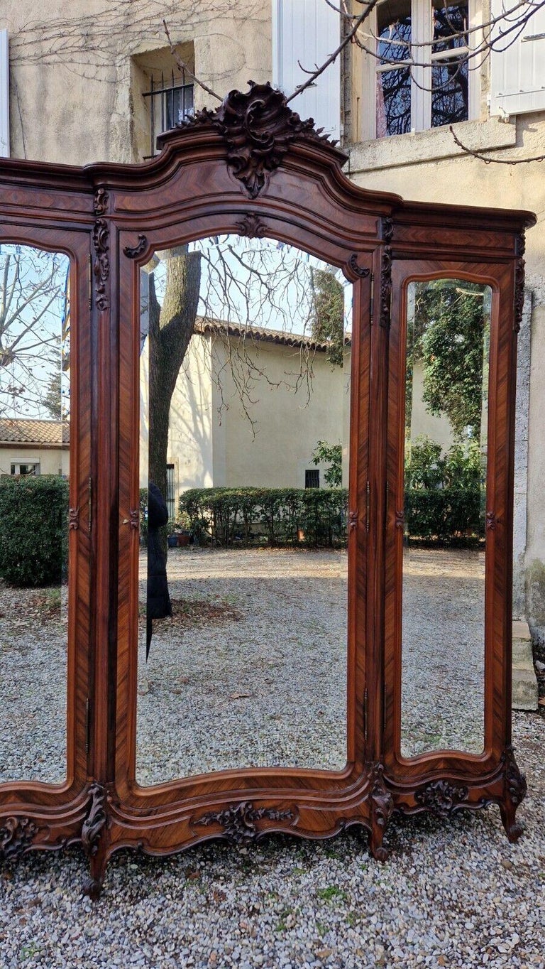 Antique French Rococo Armoire Carved Wood Triple Door For Sale at 1stDibs