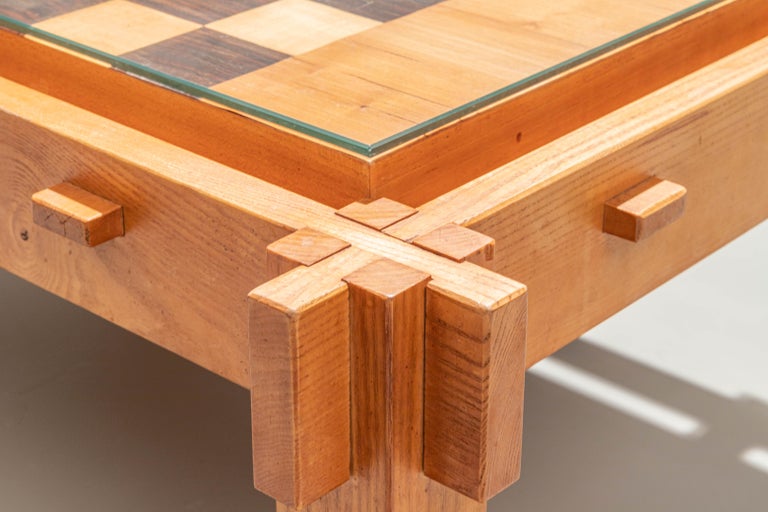 French Chess Table in Wood and Glass, 1960's For Sale at 1stDibs