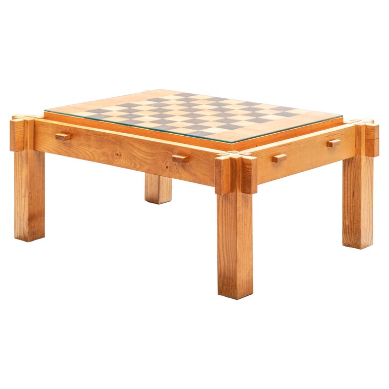 French Chess Table in Wood and Glass, 1960's For Sale at 1stDibs
