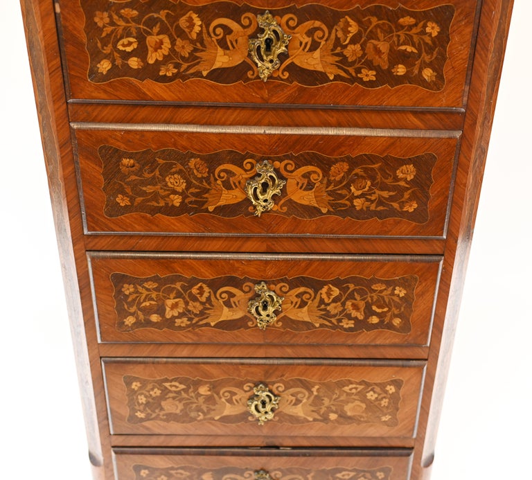 French Chest Drawers Antique Tall Boy Inlay, 1880 For Sale at 1stDibs