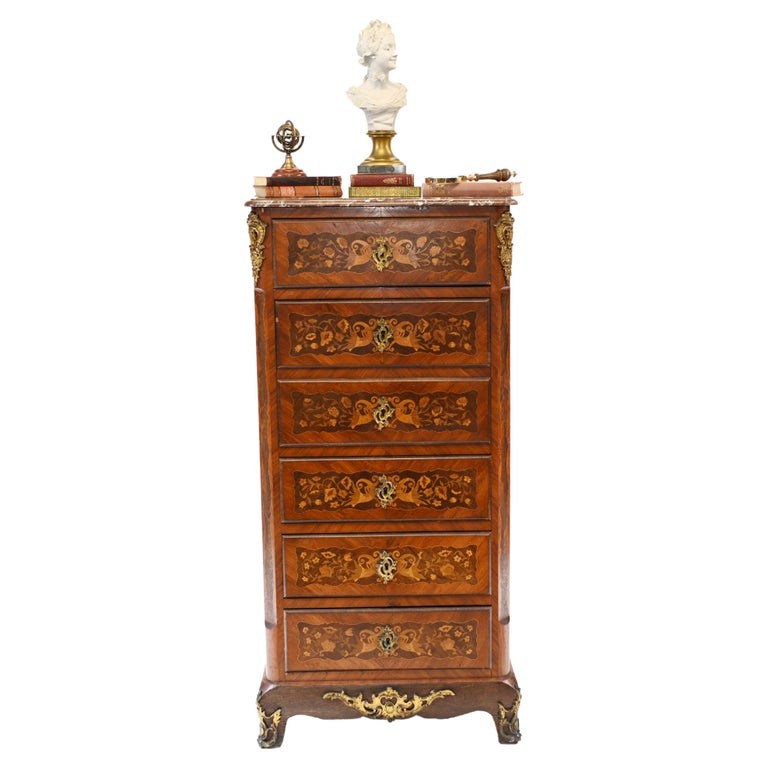 French Chest Drawers Antique Tall Boy Inlay, 1880 For Sale at 1stDibs