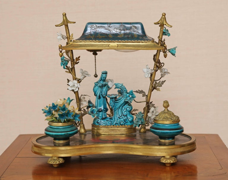 French Chinoiserie Turquoise-Blue Porcelain Encrier Table Lamp For Sale ...