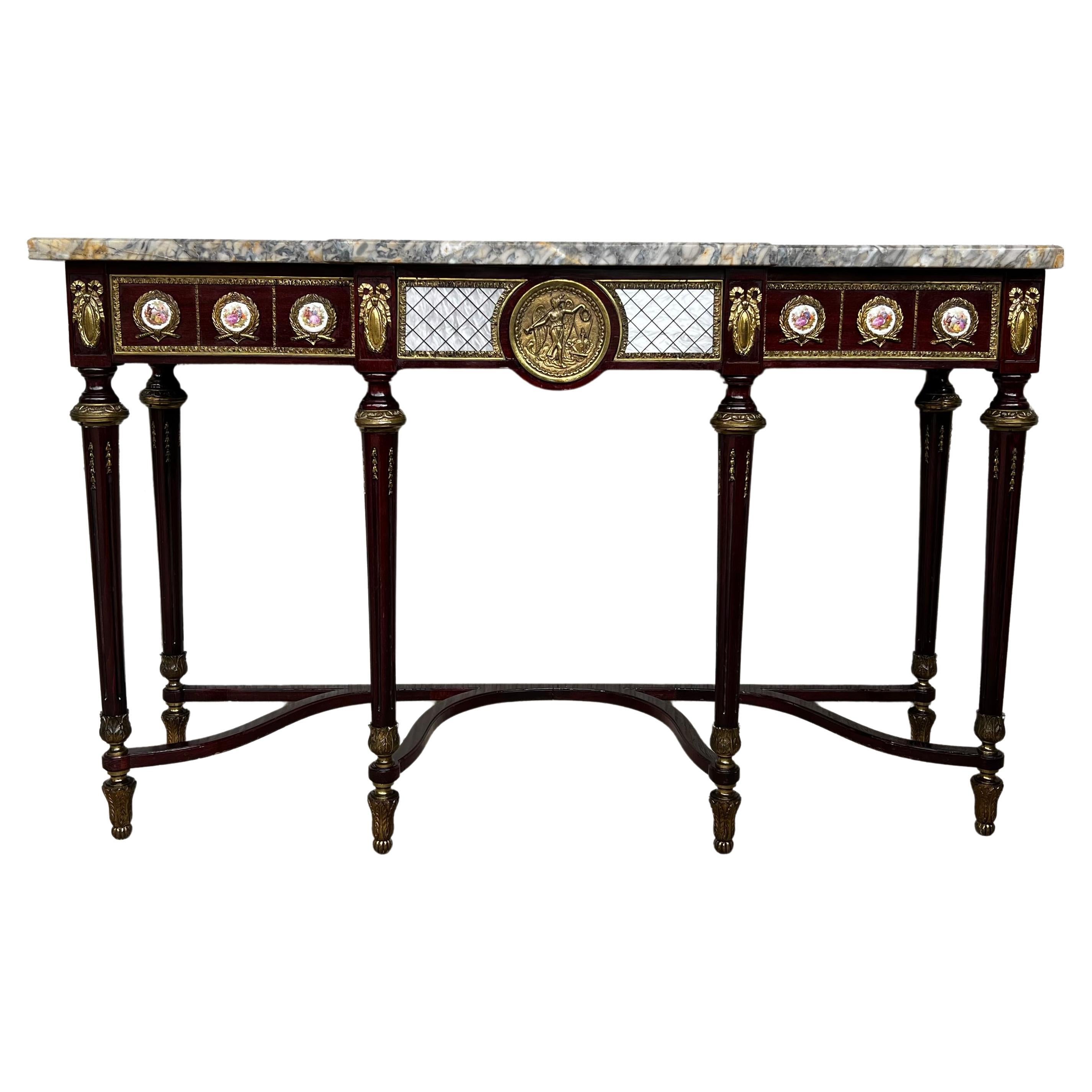 French Console Napoleon III Style Mahogany and Brass with Porcelain ...