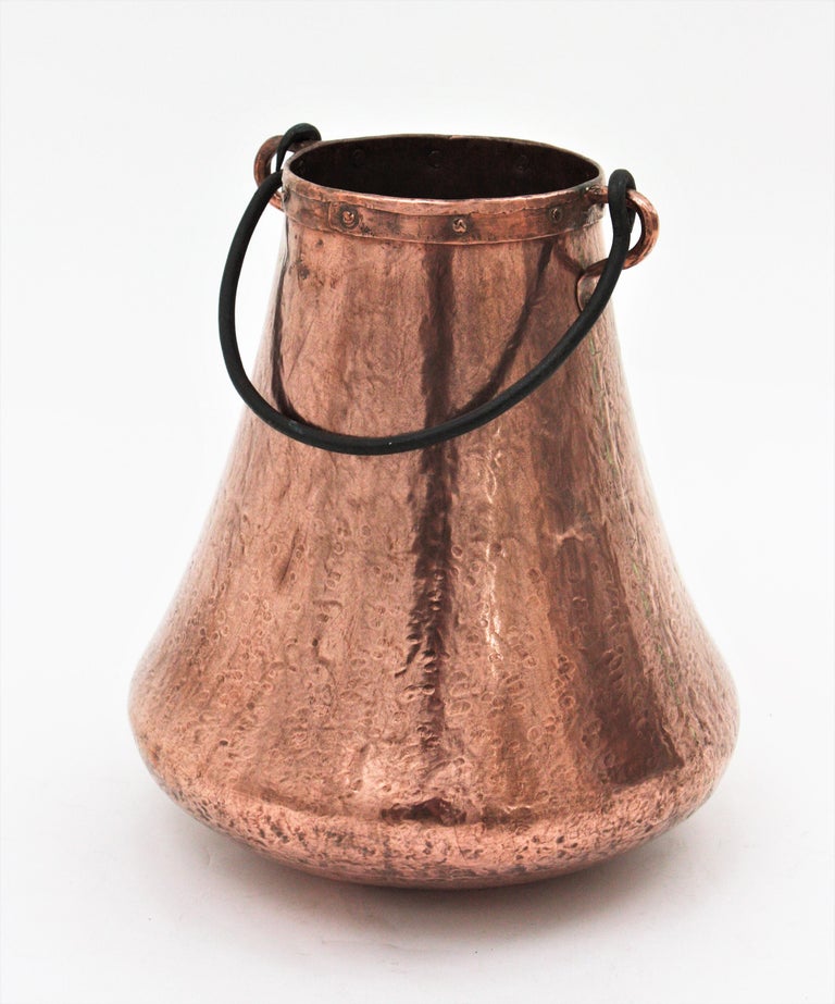 French Copper Tall Cauldron or Planter with Iron Handle For Sale at 1stDibs