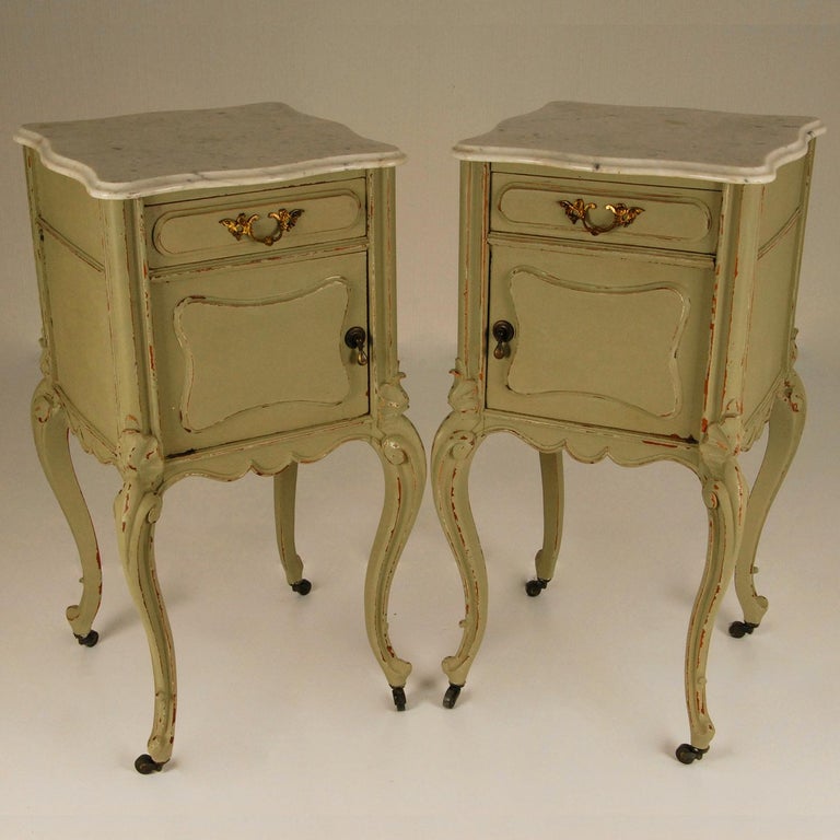 French Country Rococo Distressed Green and White Marble Top Nightstands ...