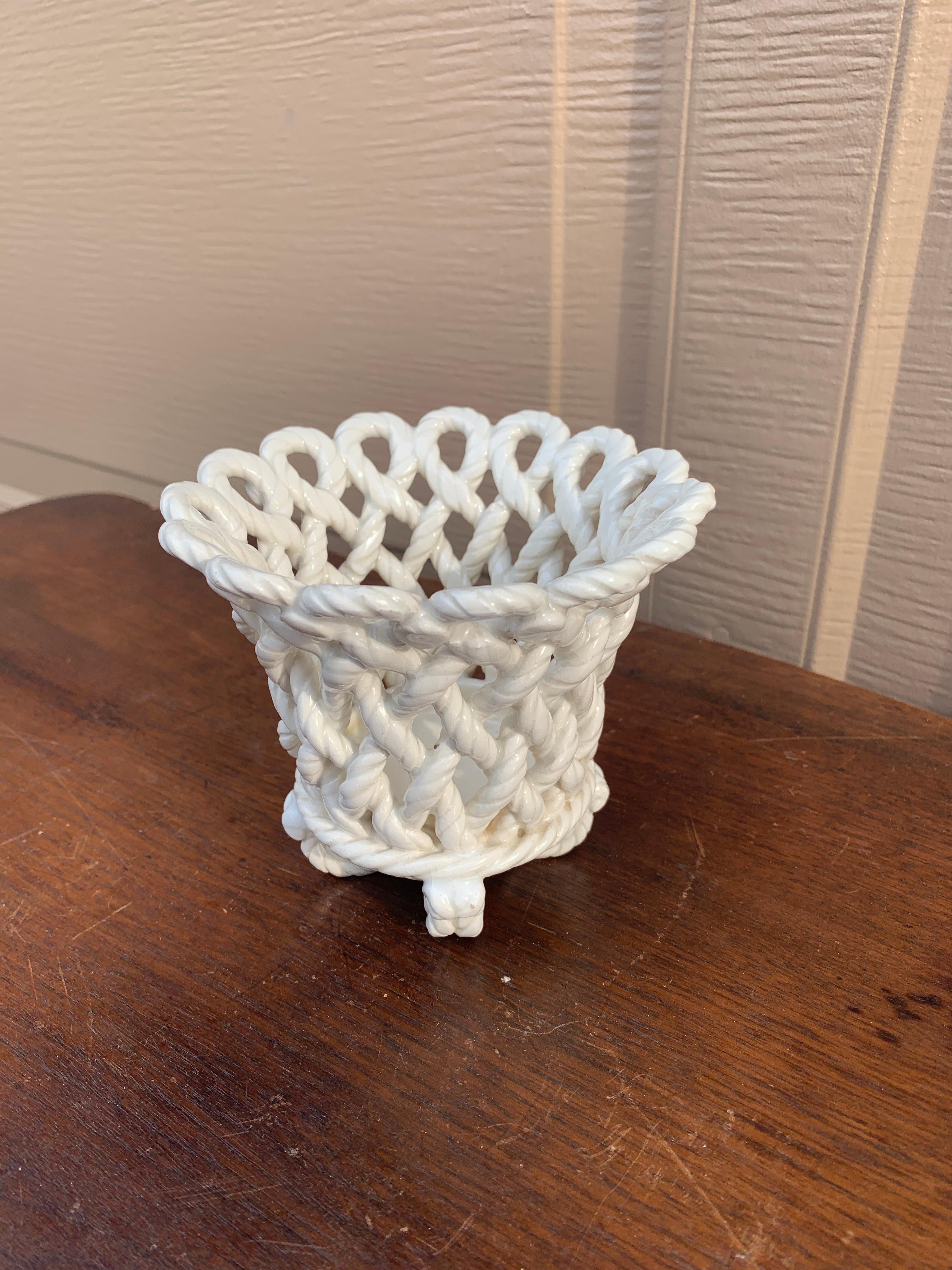 French Country White Ceramic Woven Rope Cachepot Basket For Sale at 1stDibs