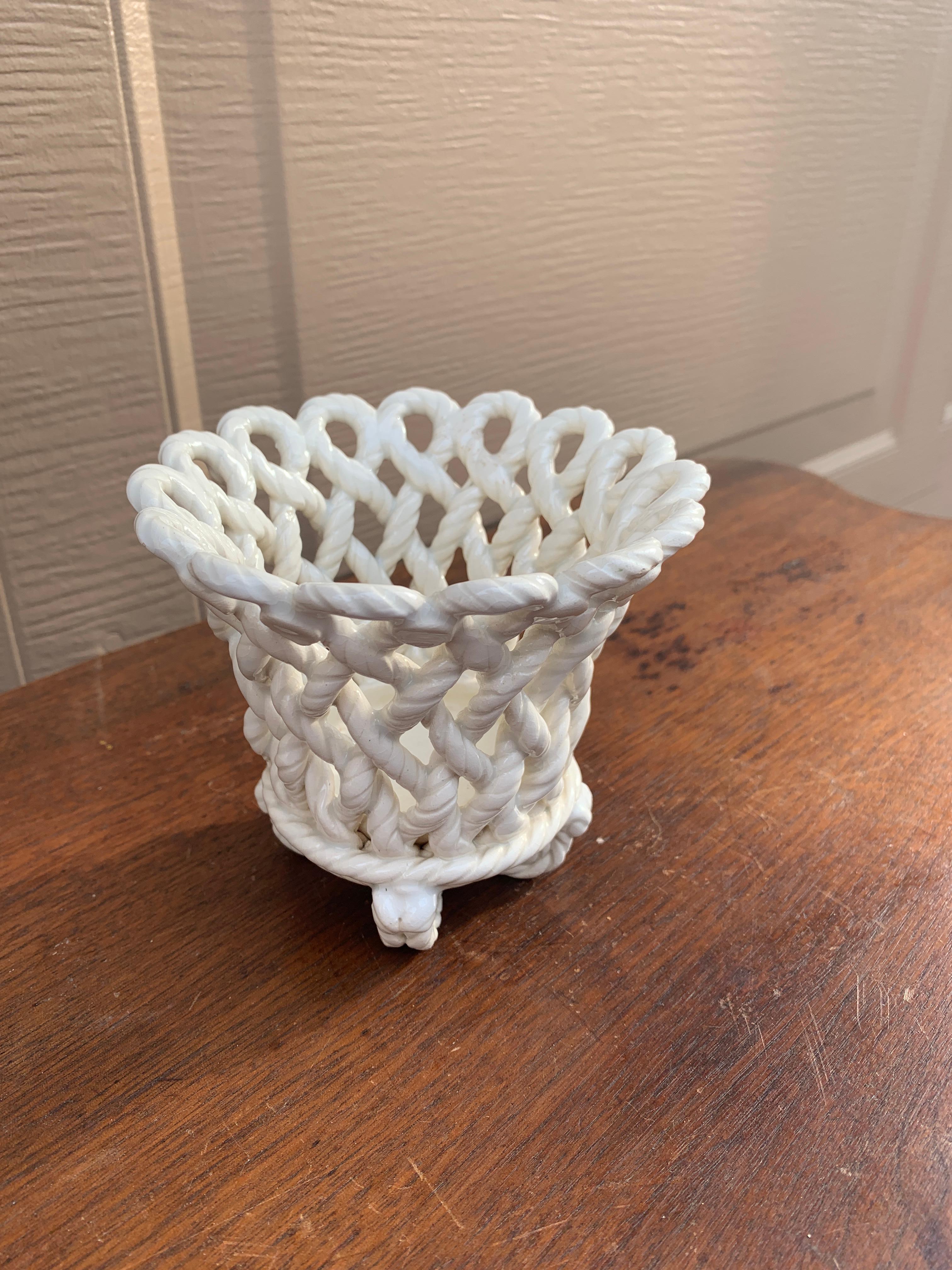 French Country White Ceramic Woven Rope Cachepot Basket For Sale at 1stDibs
