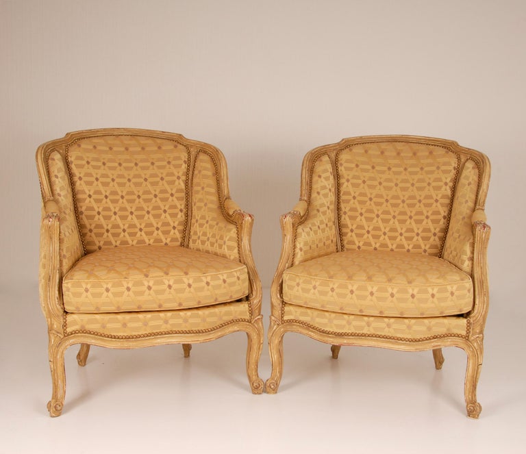 French Country Yellow Gold Upholstered Bergere Chairs Cabriole Legs a ...