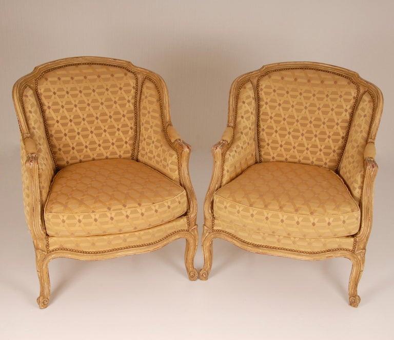 French Country Yellow Gold Upholstered Bergere Chairs Cabriole Legs a ...