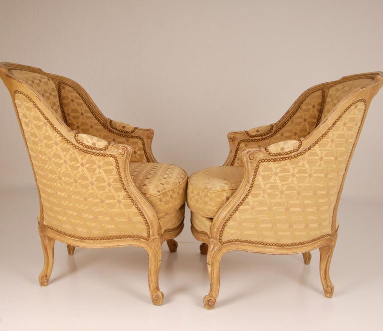 French Country Yellow Gold Upholstered Bergere Chairs Cabriole Legs a ...
