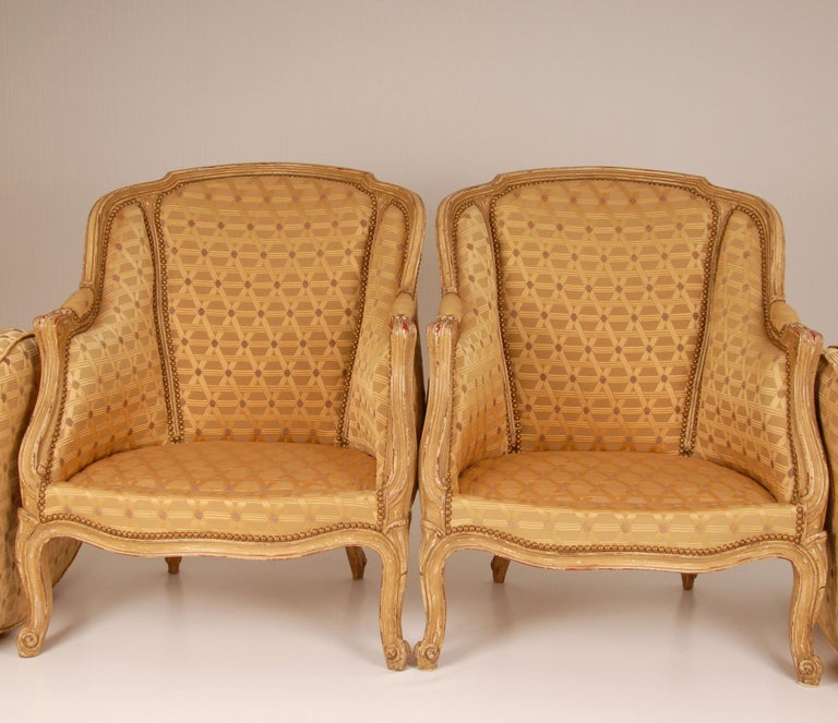 French Country Yellow Gold Upholstered Bergere Chairs Cabriole Legs a ...