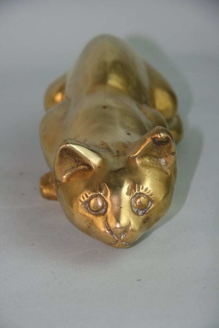 French Crouching Cat Solid Brass Sculpture For Sale at 1stDibs