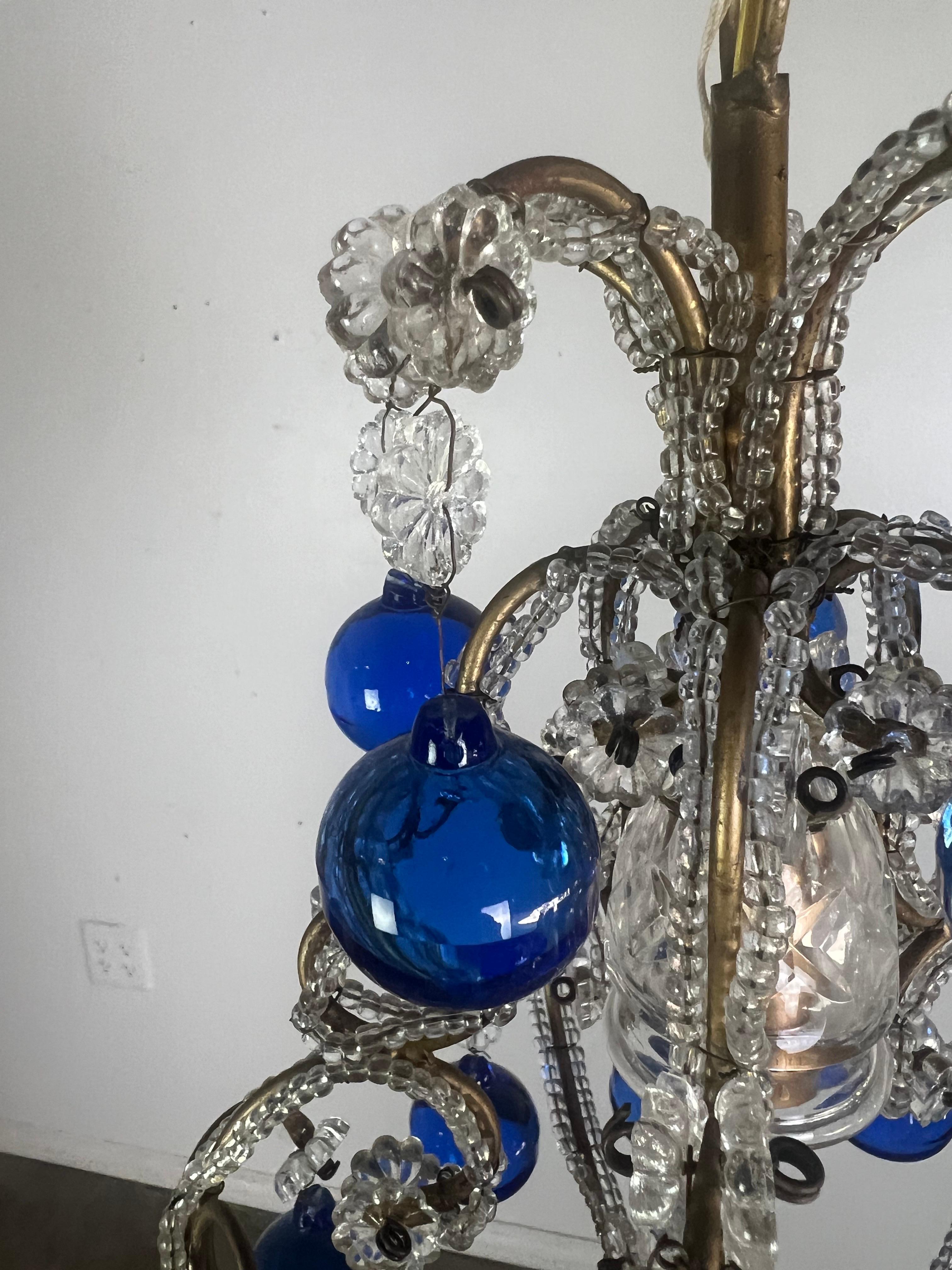 French Crystal Beaded Chandelier w/ Cobalt Drops C. 1920 For Sale at ...