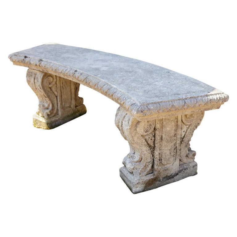 Curved Cast Stone Bench on Scrolled Leaves Base, circa 1960s, No. 2 at ...