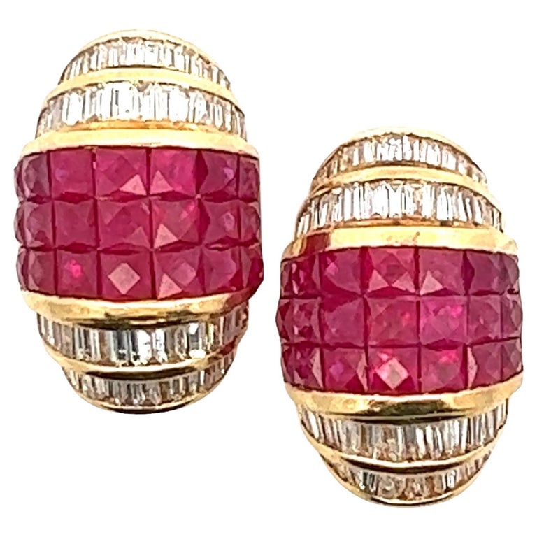 French Cut Ruby Baguette Diamond 18 Karat Yellow Gold Vintage Shrimp ...