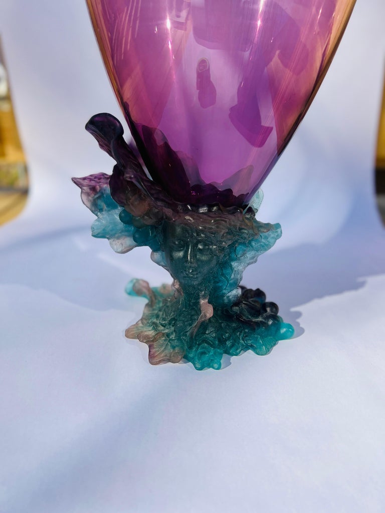 French Daum Bacchus Large Green Amethyst Vase-Centerpiece Pâté De Verre ...