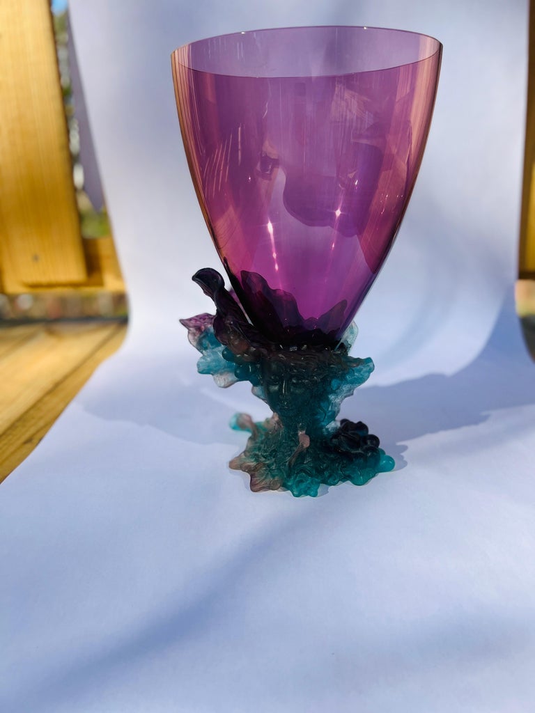 French Daum Bacchus Large Green Amethyst Vase-Centerpiece Pâté De Verre ...