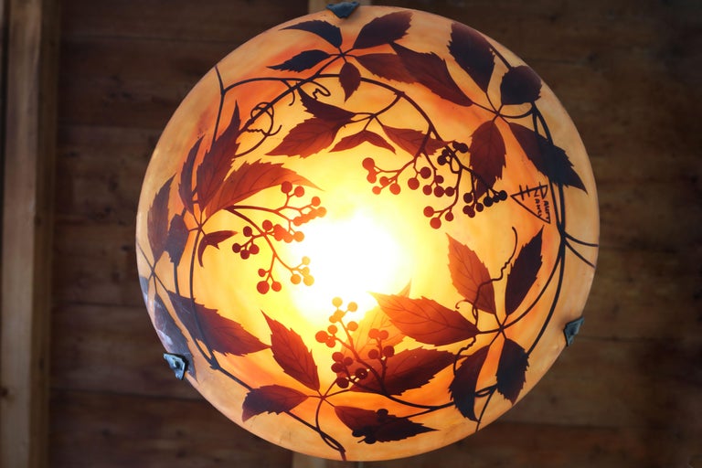 French Daum Nancy 1910 Art Nouveau Chandelier / Pendant Light Cameo ...