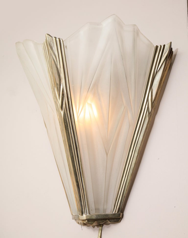 French Deco Frosted Geometric Glass Sconces at 1stDibs