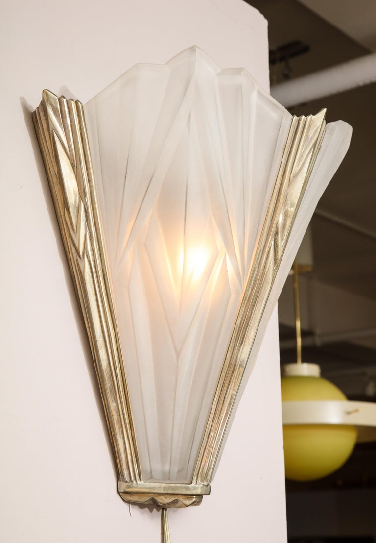 French Deco Frosted Geometric Glass Sconces at 1stDibs