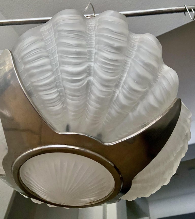 French Deco Frosted Glass Clamshell Chandelier Pendant Light For Sale ...