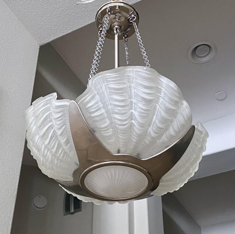 French Deco Frosted Glass Clamshell Chandelier Pendant Light For Sale ...