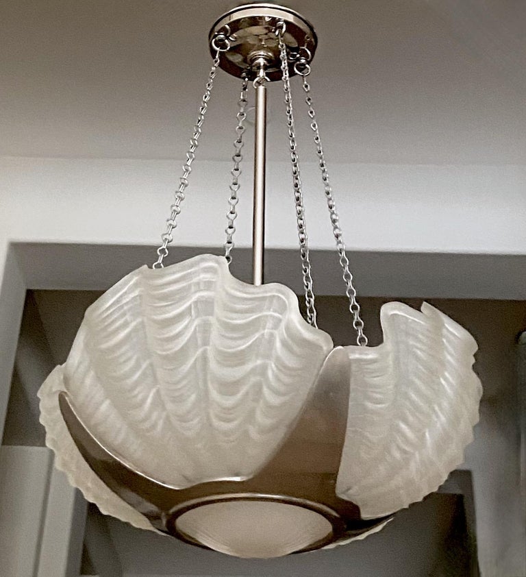 French Deco Frosted Glass Clamshell Chandelier Pendant Light For Sale ...