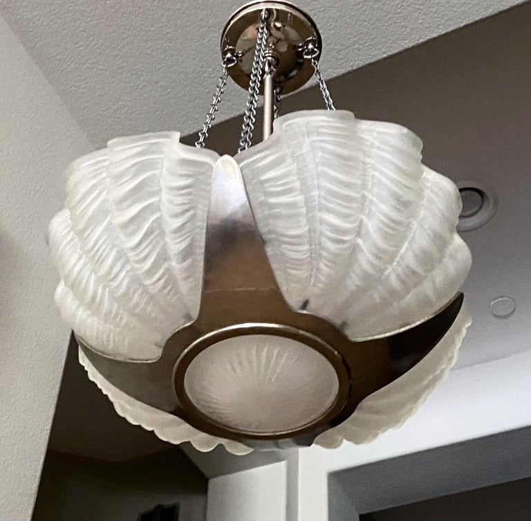 French Deco Frosted Glass Clamshell Chandelier Pendant Light For Sale ...