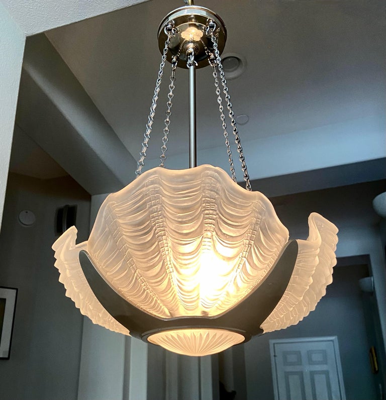 French Deco Frosted Glass Clamshell Chandelier Pendant Light For Sale ...