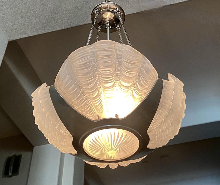 French Deco Frosted Glass Clamshell Chandelier Pendant Light For Sale ...