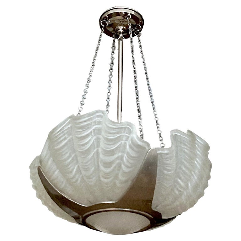 French Deco Frosted Glass Clamshell Chandelier Pendant Light For Sale ...