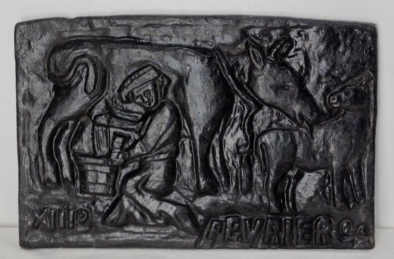 French Decorative Cast Iron Plate with Cow Calf and Farmer, 19th ...