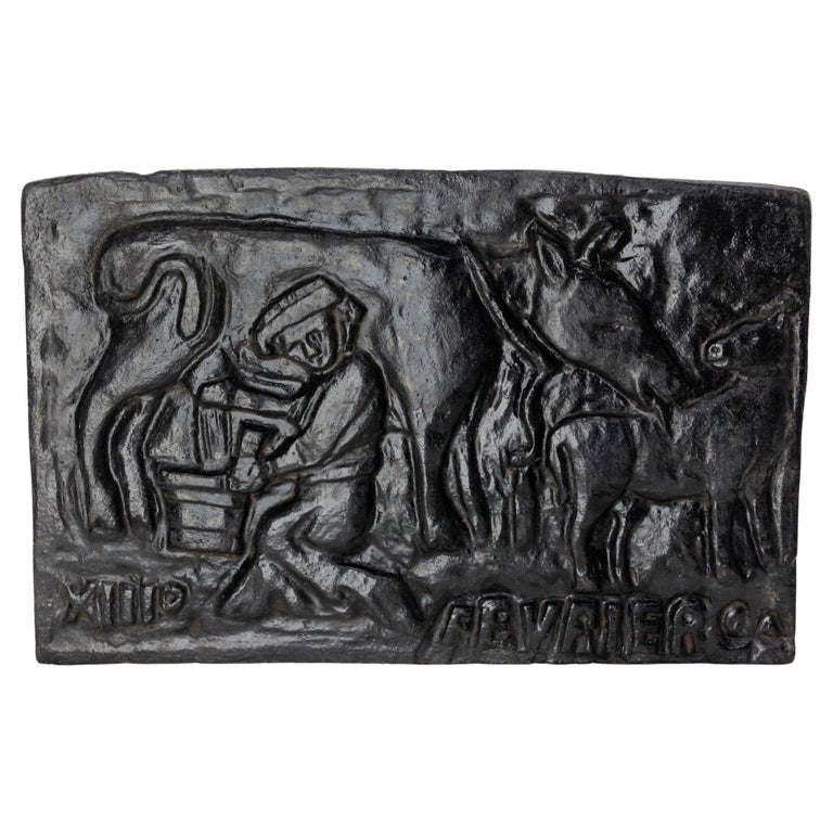 French Decorative Cast Iron Plate with Cow Calf and Farmer, 19th ...