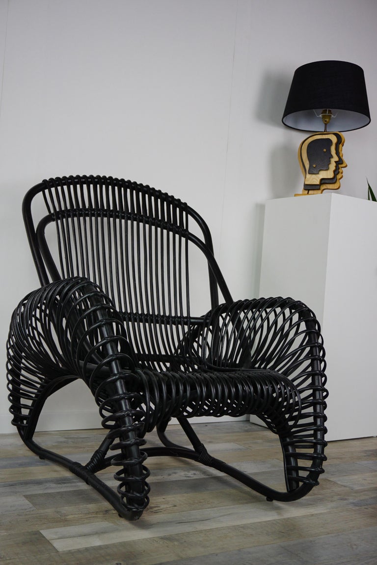 French Design Black Rattan Lounger Armchair For Sale at 1stDibs | black ...