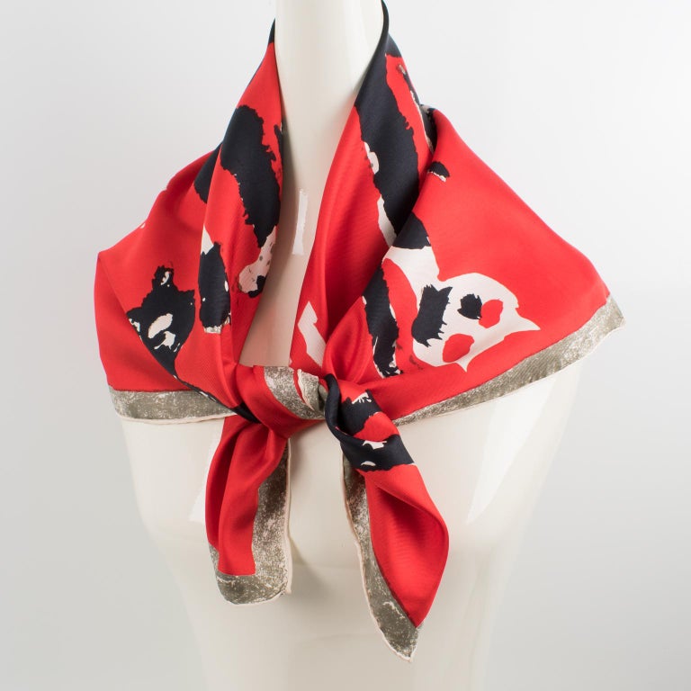 French Designer Maggy Rouff Silk Scarf 1960s Black and Red Cats Print ...