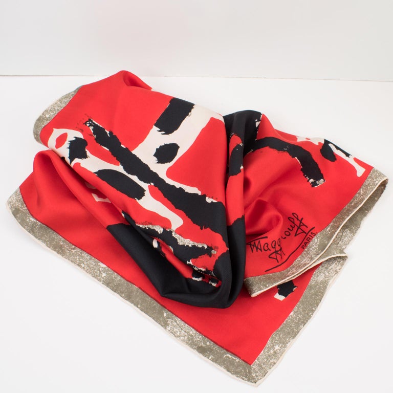 French Designer Maggy Rouff Silk Scarf 1960s Black and Red Cats Print ...