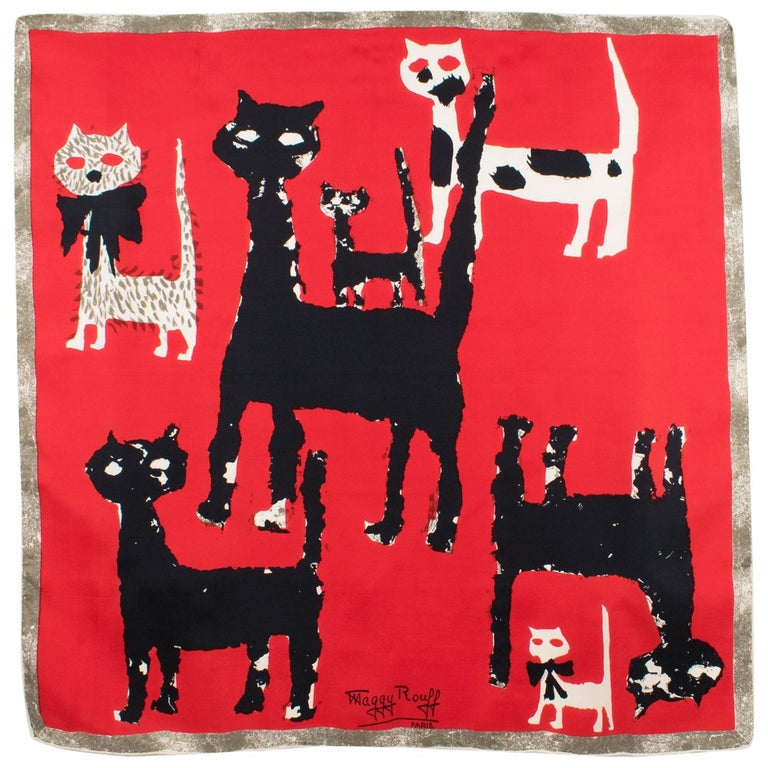 French Designer Maggy Rouff Silk Scarf 1960s Black and Red Cats Print ...