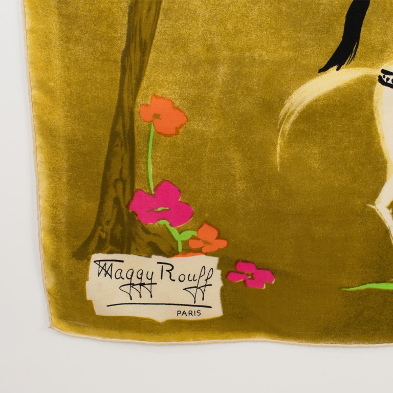 French Designer Maggy Rouff Silk Scarf Multicolor Riders Print at 1stDibs